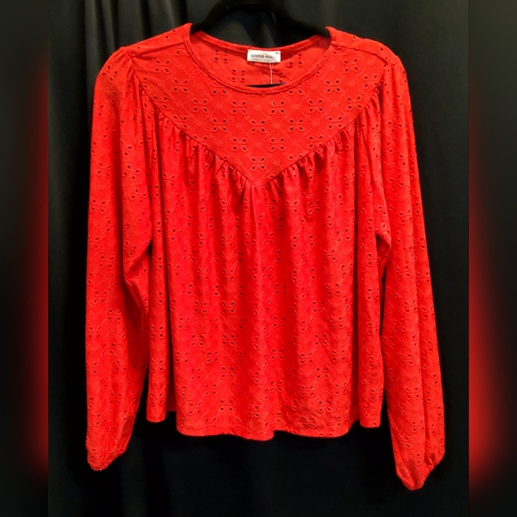 Anna-Kaci | Tops | Anna Kaci Ladies Red Eyelet Ls Deep V Pleated Accent ...